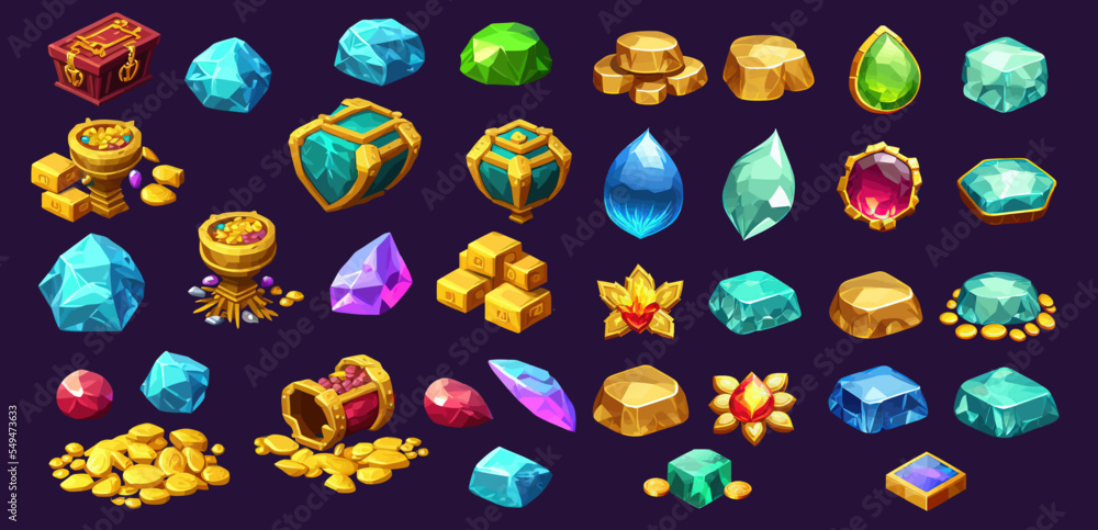 Treasure icons with piles of gold coins and gemstones. Treasures and ...