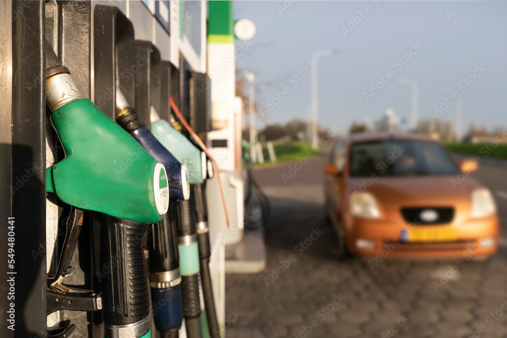 Gas station fuel pumps for different types of gasoline and diesel ...