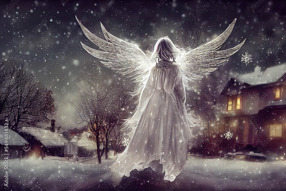 Beautiful white angel with transparent wings flying around a little ...