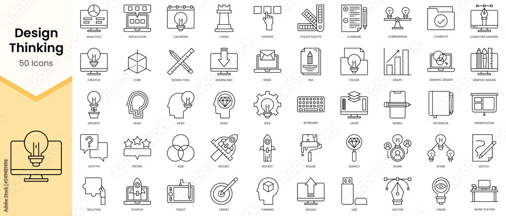 Vetor de Simple Outline Set of Design Thinking icons. Linear style icons pack. Vector ...
