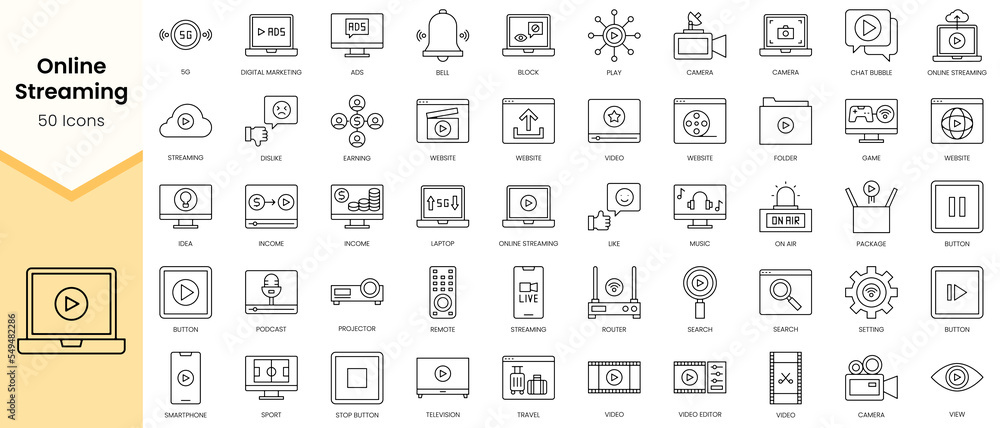 Simple Outline Set of Online Streaming icons. Linear style icons pack ...