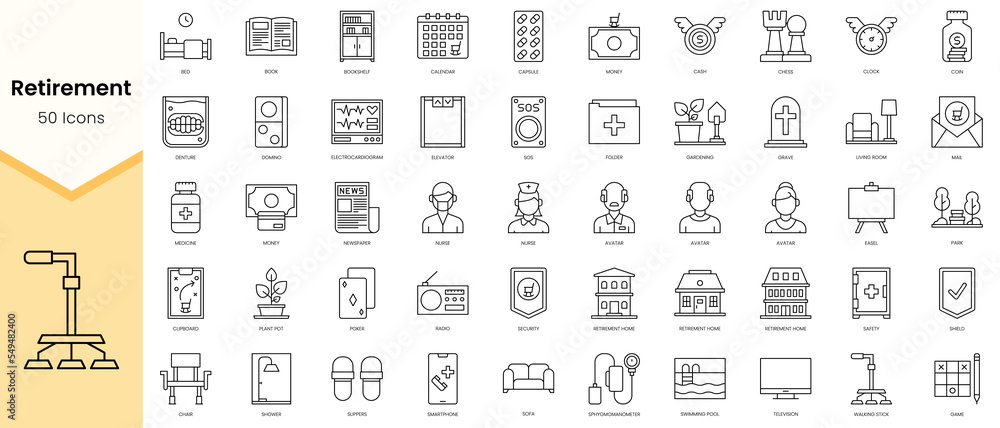 Simple Outline Set of Retirement icons. Linear style icons pack. Vector ...