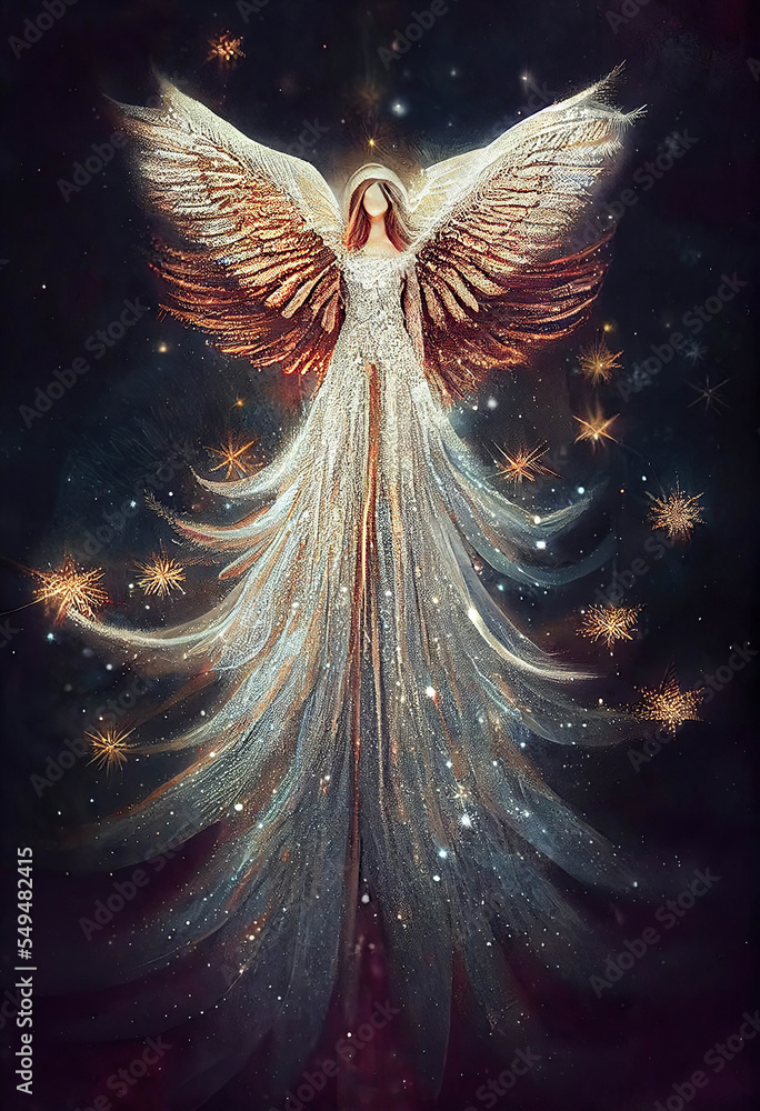 Beautiful angel in a long white dress with golden wings in the dark ...