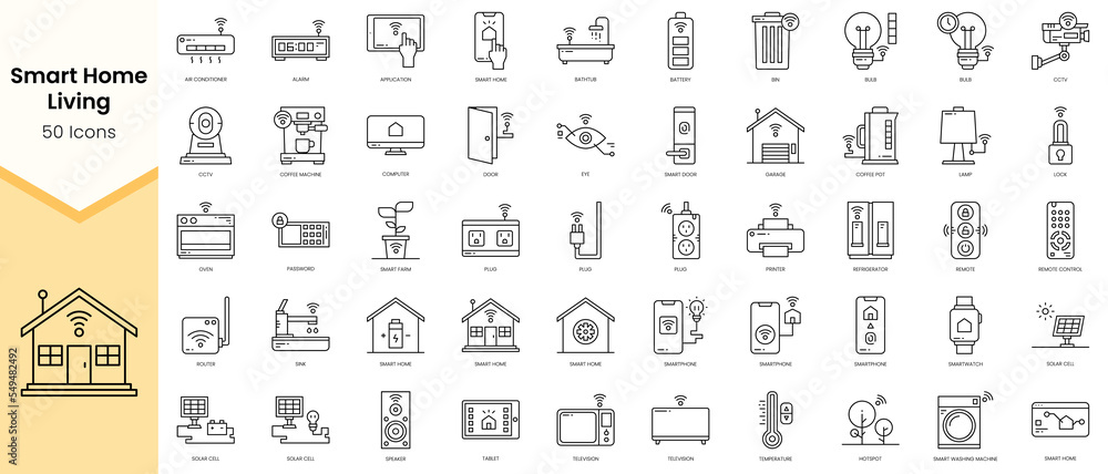 Vetor de Simple Outline Set of Smart Home Living icons. Linear style ...