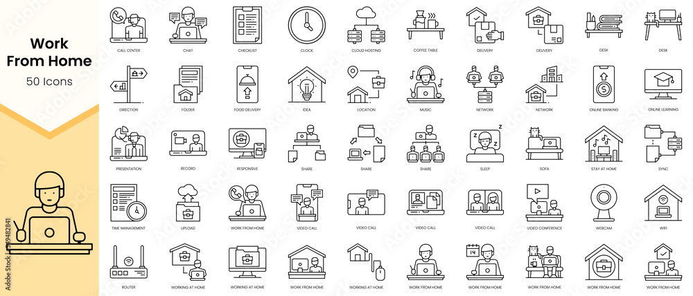 Simple Outline Set of Work From Home icons. Linear style icons pack ...