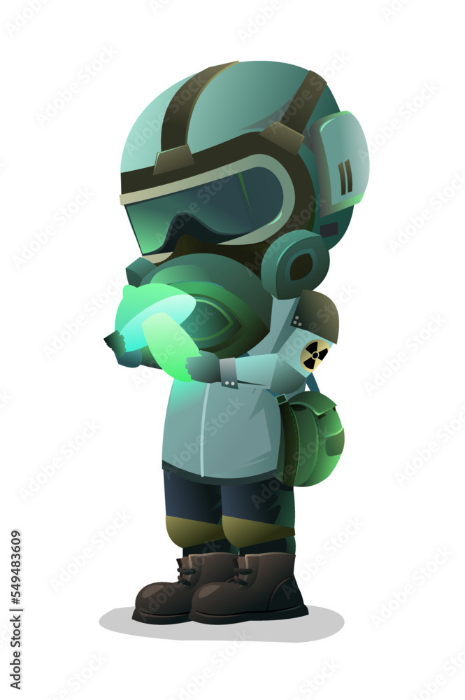 Man in gas mask found radiation luminous mushroom. Character in ...