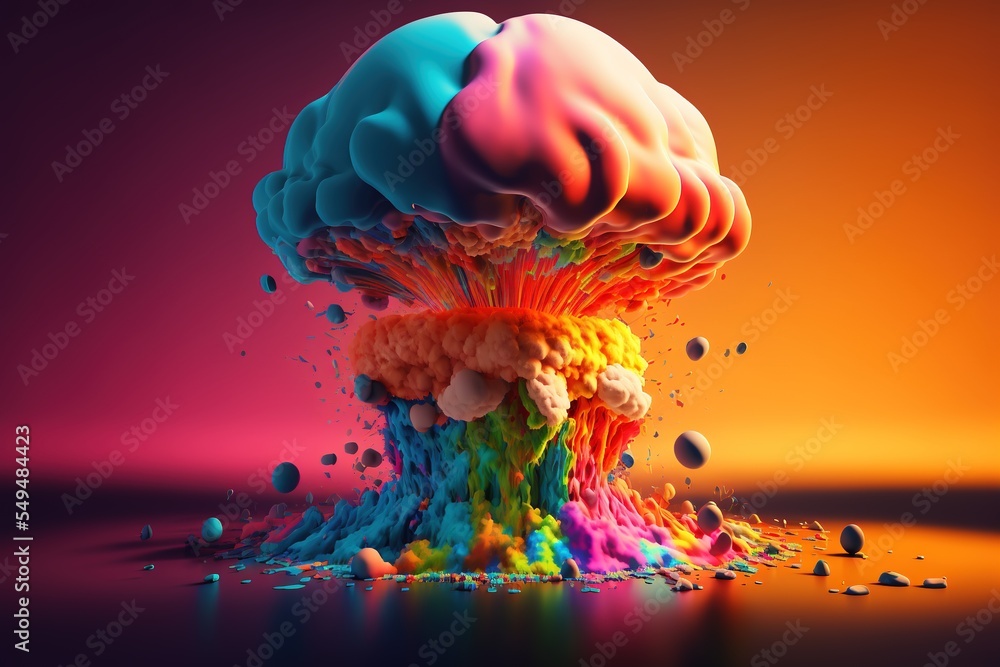 atom bomb, nuclear explosion in rainbow colours with mushroom cloud ...