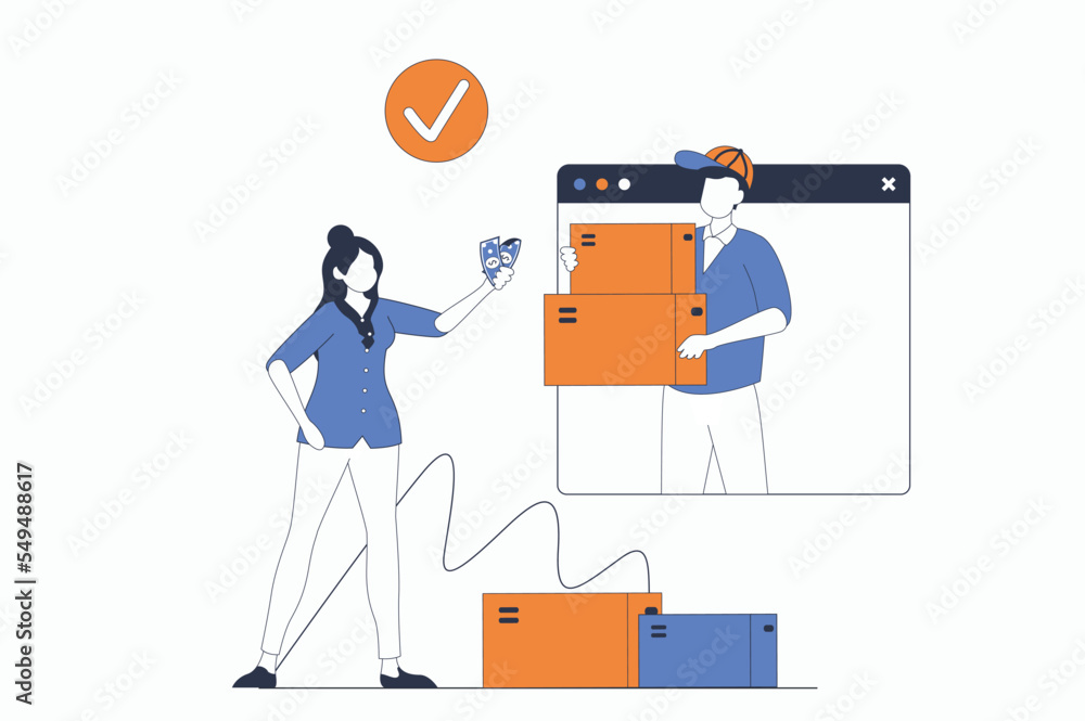 Delivery service concept with people scene in flat outline design ...