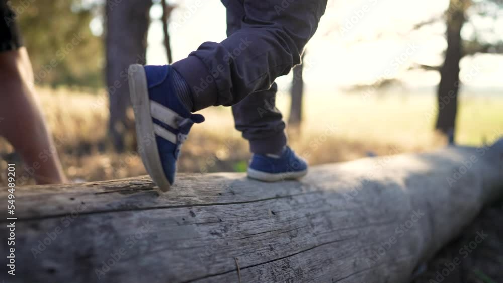 Little boy walk on log in park. child on log.Child in forest park walk ...