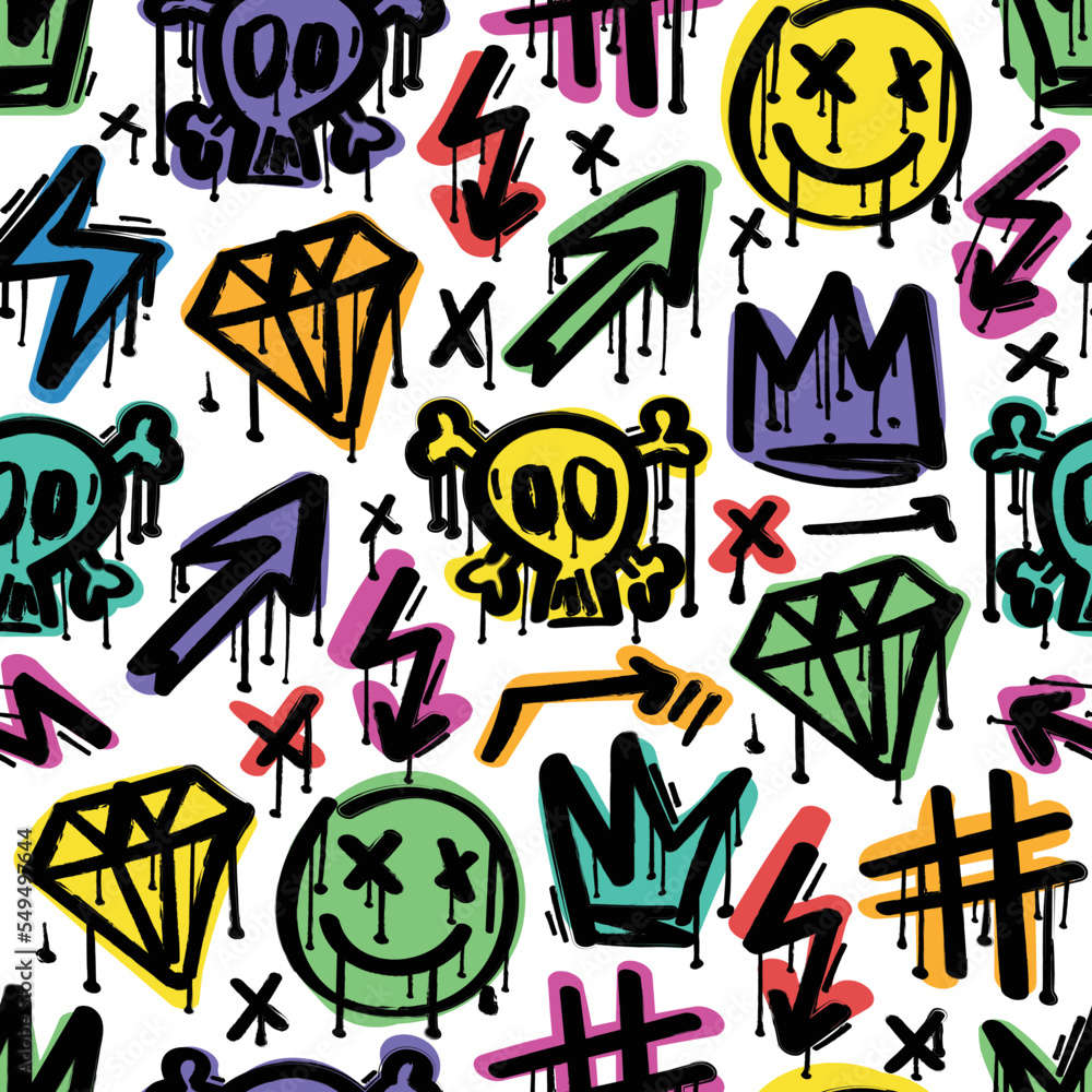 Graffiti style skull, crown grunge drawings street art elements ...