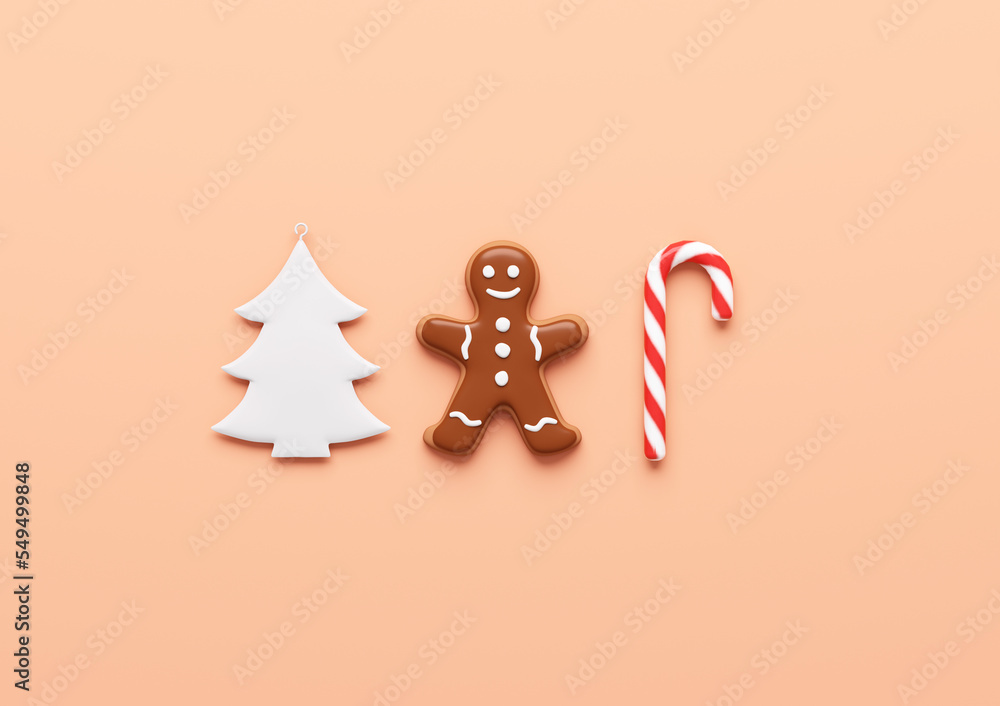 Christmas tree, gingerbread man and candy cane on a cream background ...