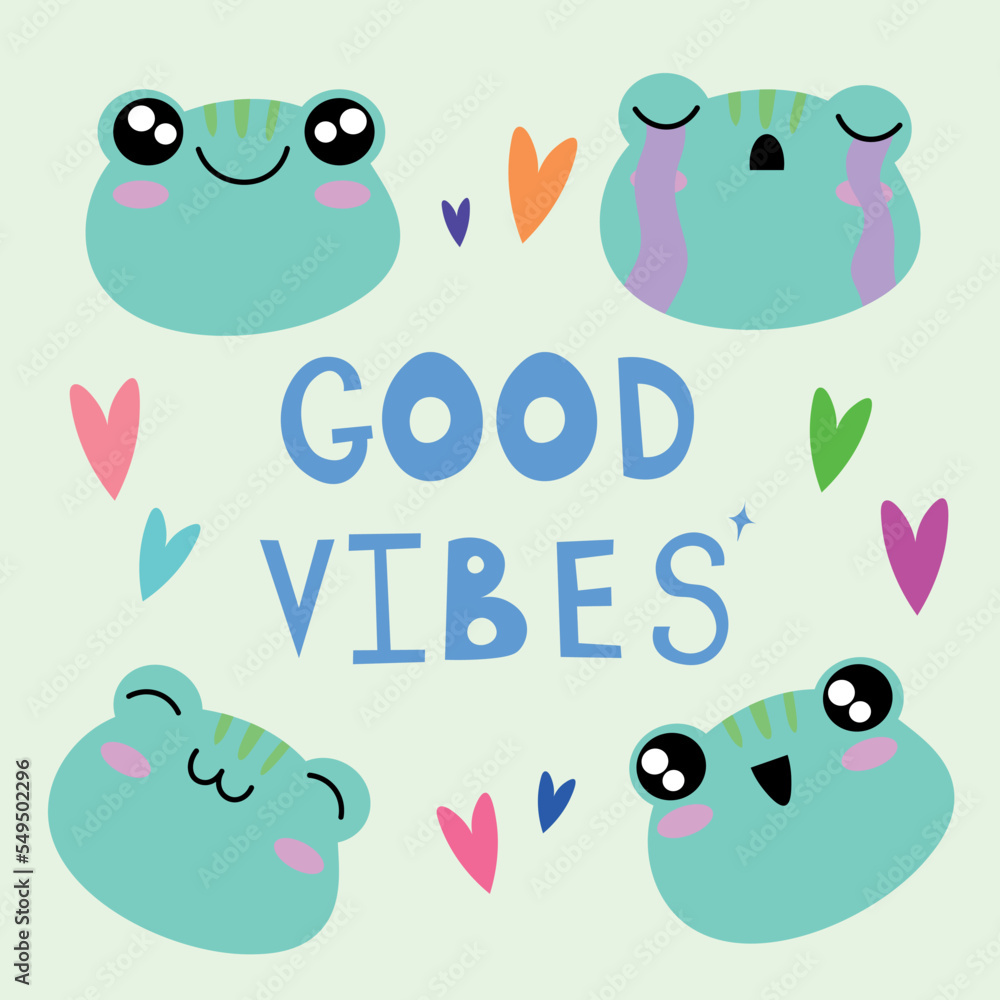 Set of various avatars of frog facial expressions. Text Good Vibes ...