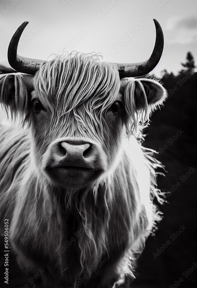 black and white illustrated photo of a highland cow staring at the ...