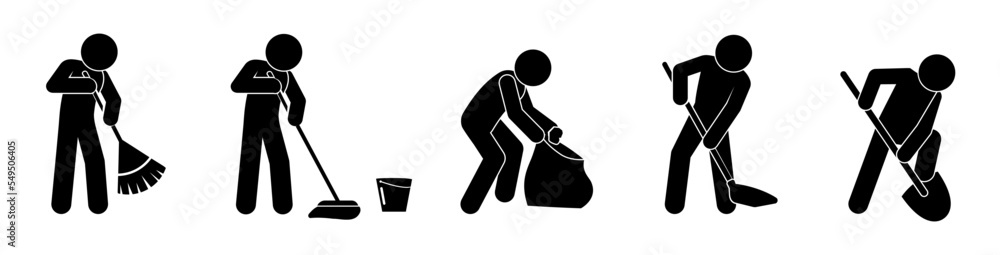 janitor icon, housework, stick figure man washes and sweeps, hand labor ...
