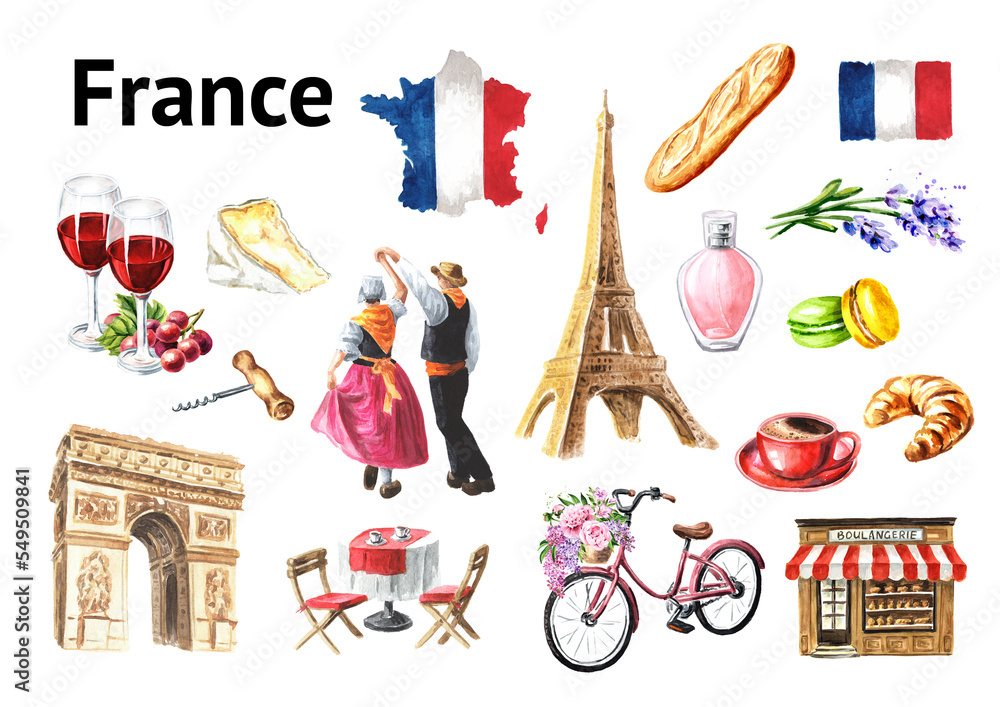 Travel to Paris, France symbols set. Hand drawn watercolor illustration ...