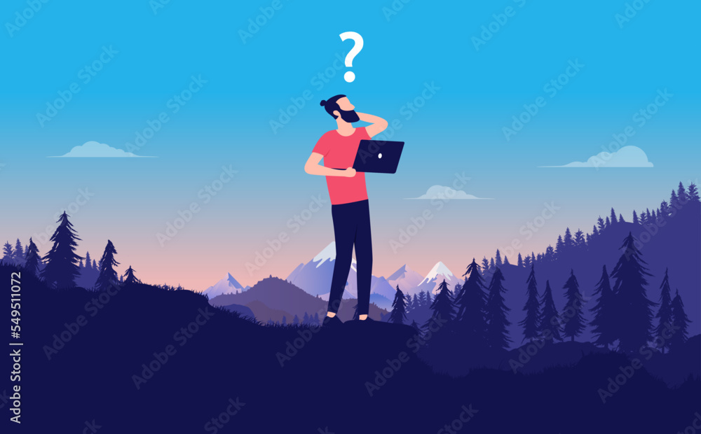 Work question - Man standing with laptop alone feeling lost with ...