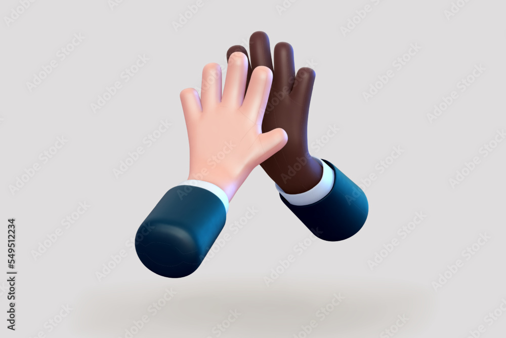 3D cartoon high five gesture: black and white hands clapping. Concept ...