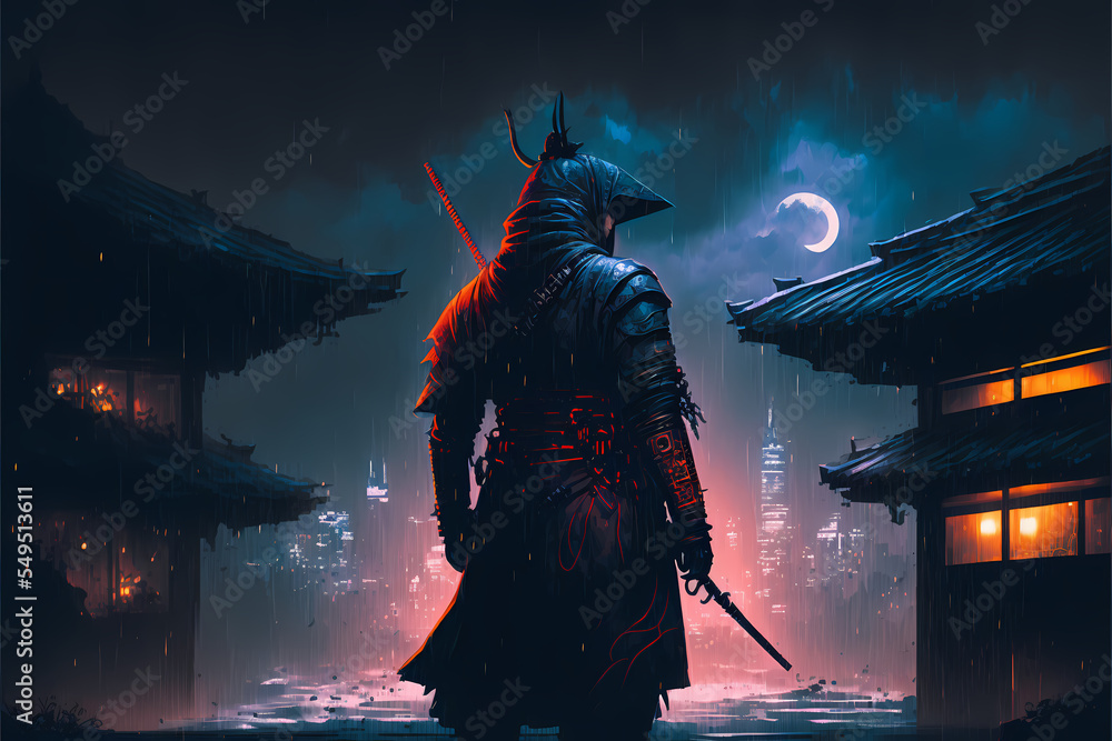 futuristic samurai potrait standing in cyberpunk science fiction city ...