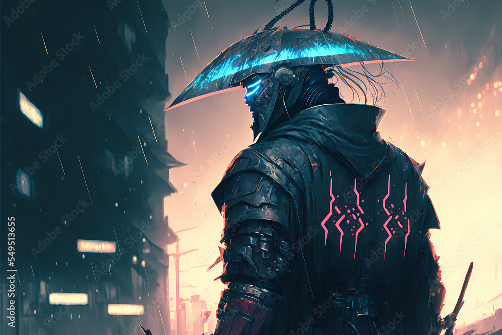 futuristic samurai potrait standing in cyberpunk science fiction city ...