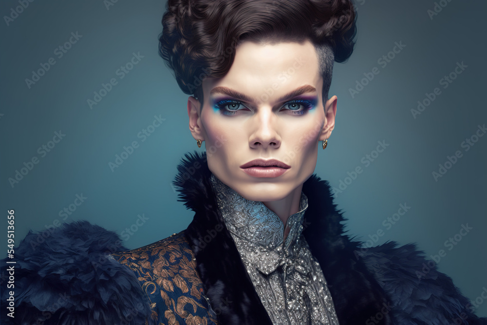Portrait of a fictional genderfluid person in a fancy blue dress ...
