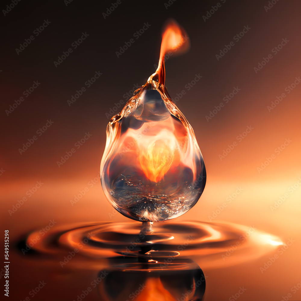 Water and fire connection, representation of elements. Drop of water ...