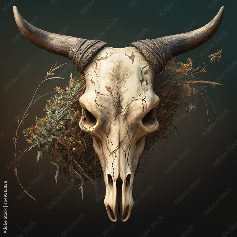 cow skull with horns, tumbleweeds, vines on horns, ai assisted Stock ...