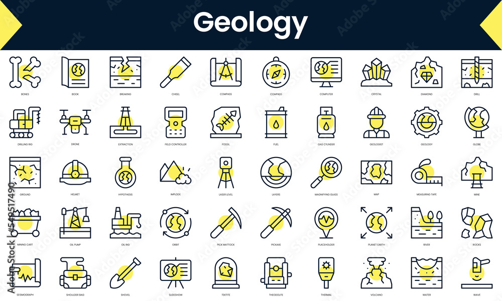 Set of thin line geology Icons. Line art icon with Yellow shadow ...
