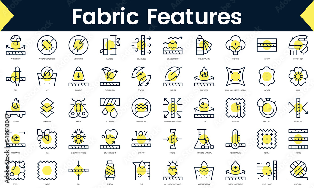 Set of thin line fabric features Icons. Line art icon with Yellow ...