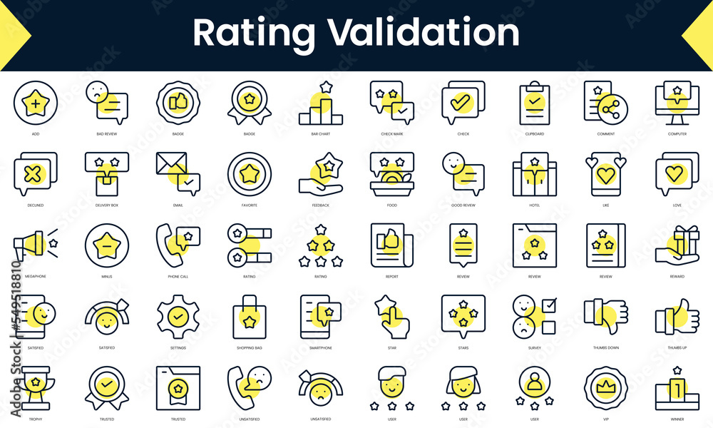 Set of thin line rating validation Icons. Line art icon with Yellow shadow. Vector illustration ...