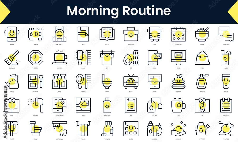 Set of thin line morning routine Icons. Line art icon with Yellow ...