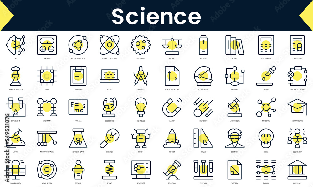 Set of thin line science Icons. Line art icon with Yellow shadow ...