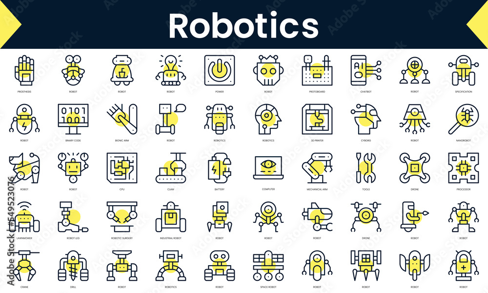 Set of thin line robotics Icons. Line art icon with Yellow shadow ...