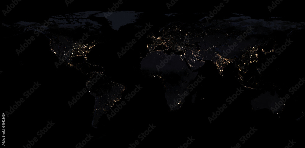 World map with night city lights. Planet earth with continents at night ...