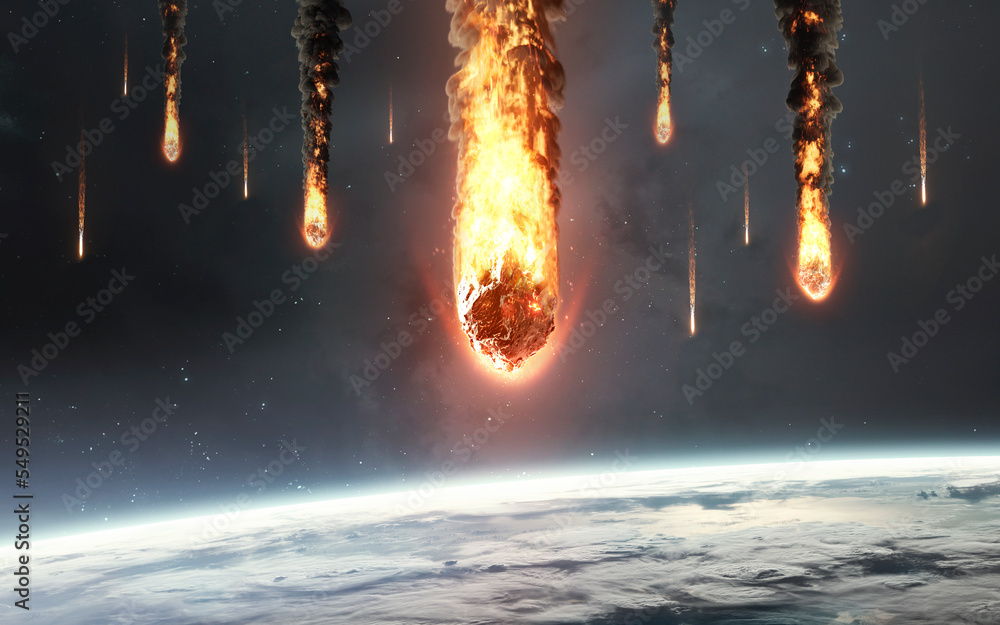 3D illustration of A meteor shower falls to the ground. 5K realistic ...