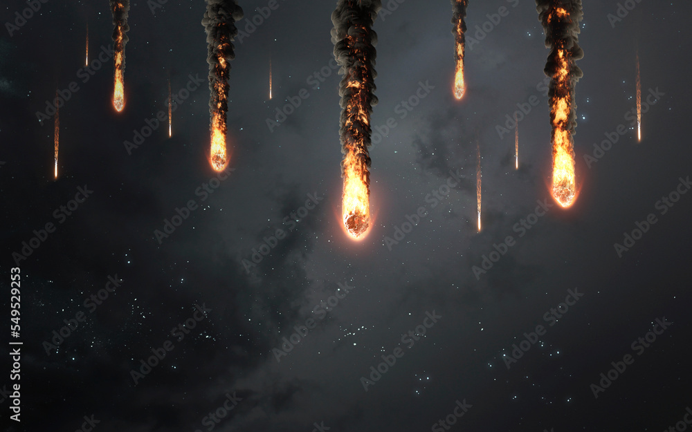 3D illustration of A meteor shower in athmosphere. 5K realistic science ...