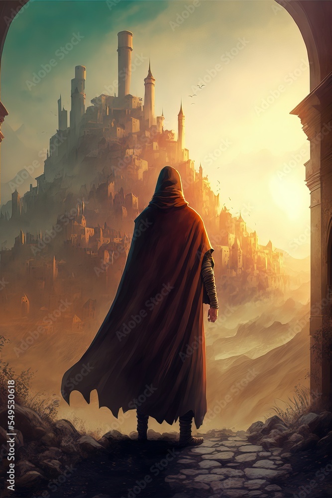 illustration de fantasy, homme avec une cape devant une ville médiévale ... illustration de fantasy, homme avec une cape devant une ville médiévale ...