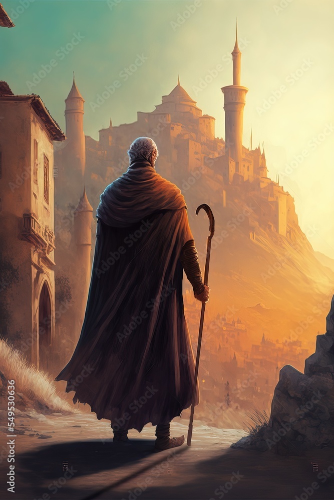 illustration de fantasy, homme avec une cape devant une ville médiévale ... illustration de fantasy, homme avec une cape devant une ville médiévale ...