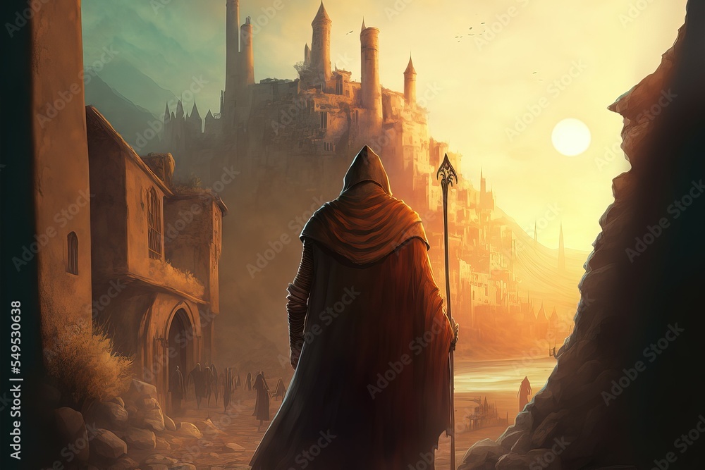 illustration de fantasy, homme avec une cape devant une ville médiévale ... illustration de fantasy, homme avec une cape devant une ville médiévale ...
