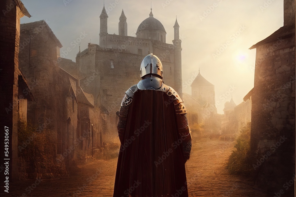 illustration de fantasy, homme chevalier avec une cape devant une ville ... illustration de fantasy, homme chevalier avec une cape devant une ville ...