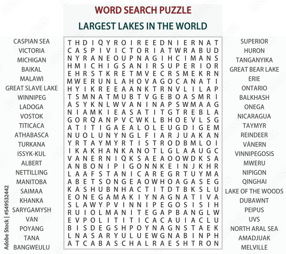 Word search puzzle vector illustration. Largest Lakes in the World ...