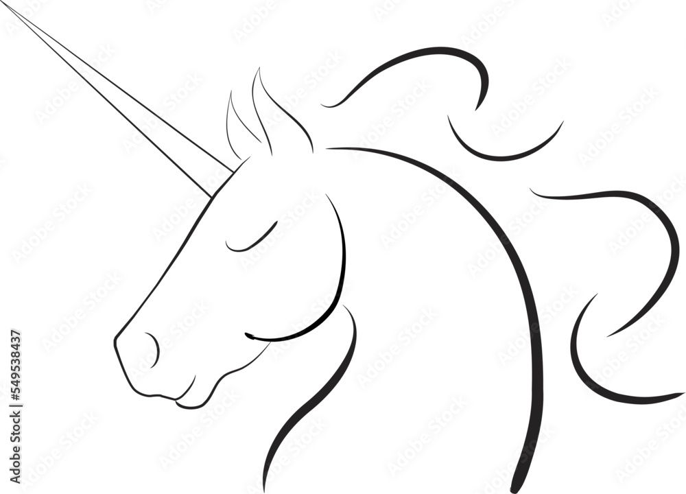 Simple sketch of the unicorn head with a long horn. Side profile of the ...