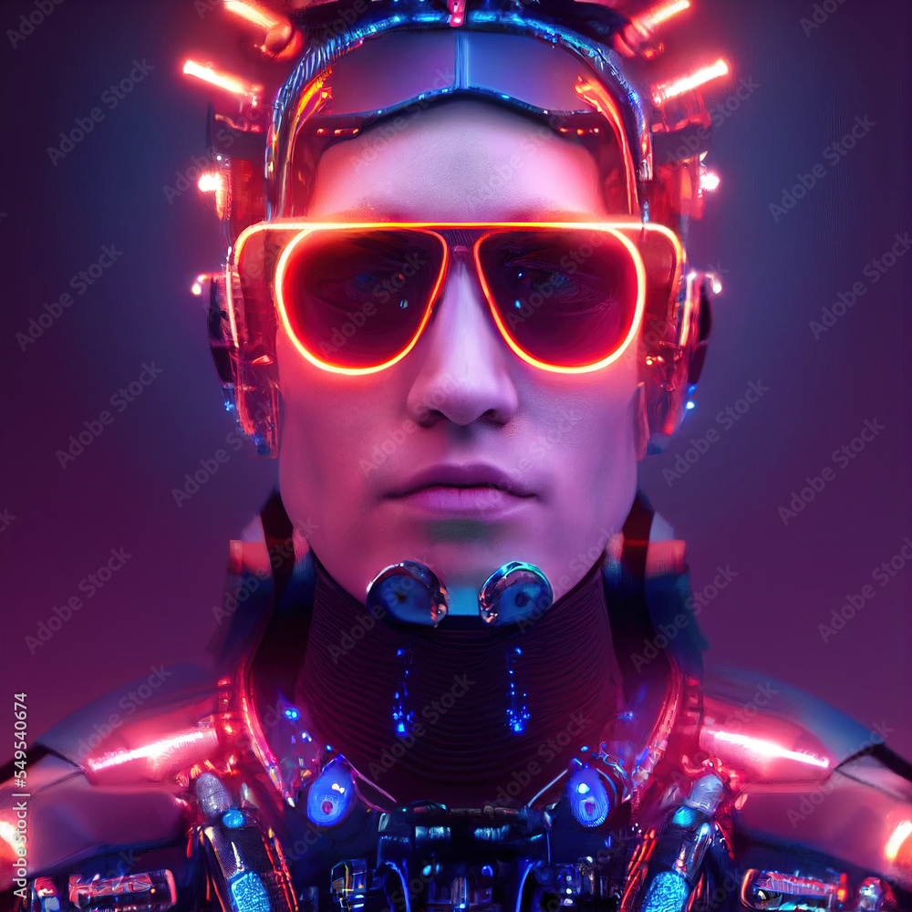 Portrait of cyber man with neon glowing armor and modern helmet with ...