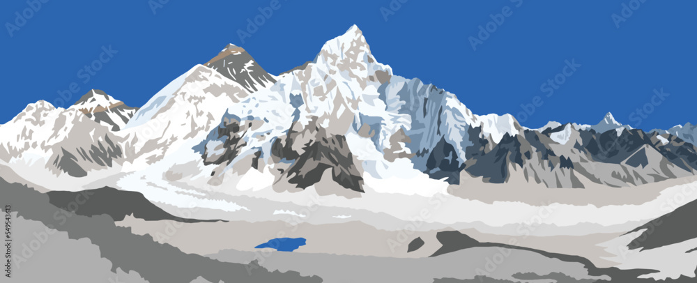 mount Everest and Nuptse from Nepal side as seen from Kala Patthar peak, vector illustration, Mt ...