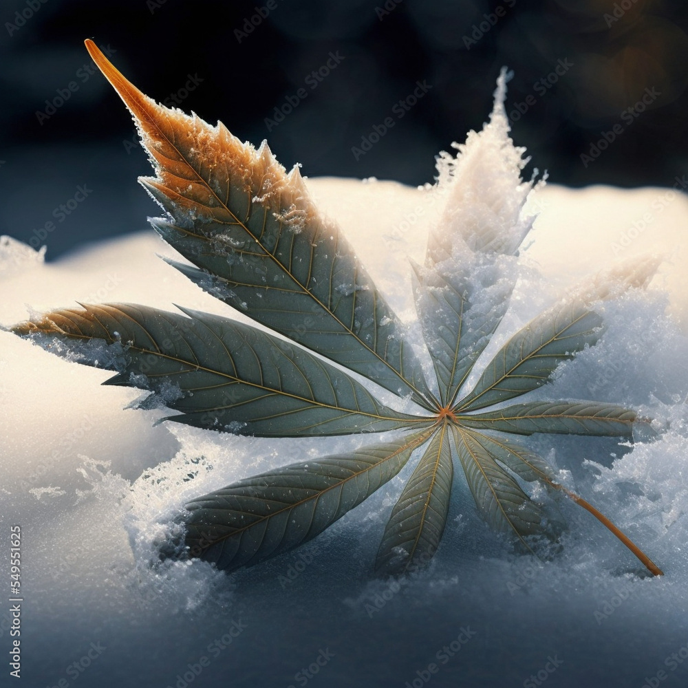 CANNABIS LEAF LAYING IN THE SNOW WITH FROST COVERING THE TIPS ...