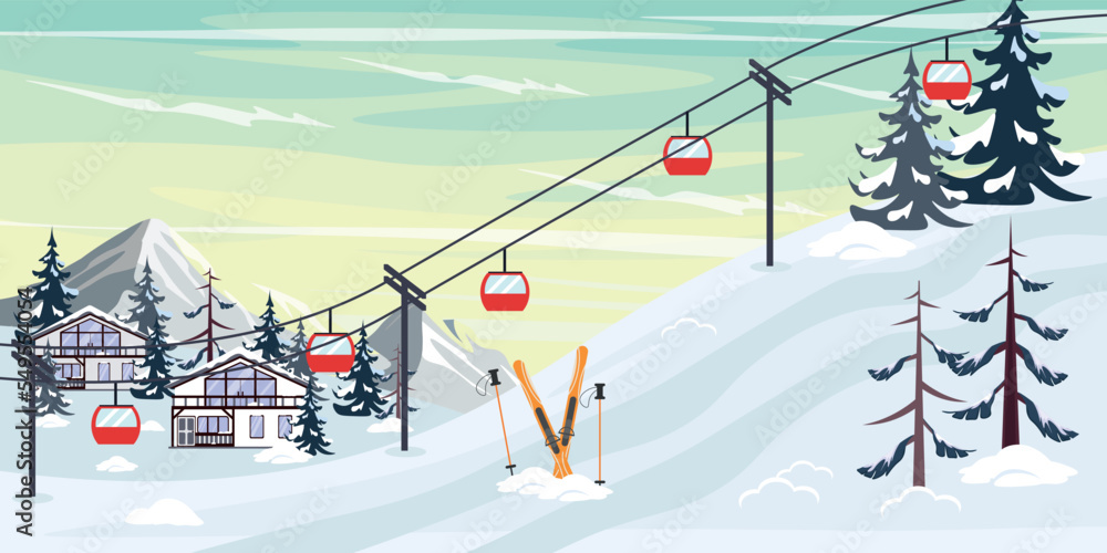 Vector illustration of a beautiful ski resort. Cartoon mountains ...
