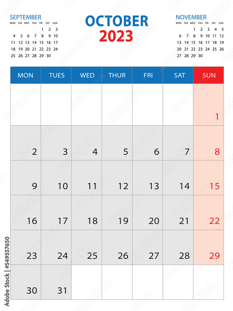 Calendar 2023 template - October 2023 year, week start on monday, Wall ...