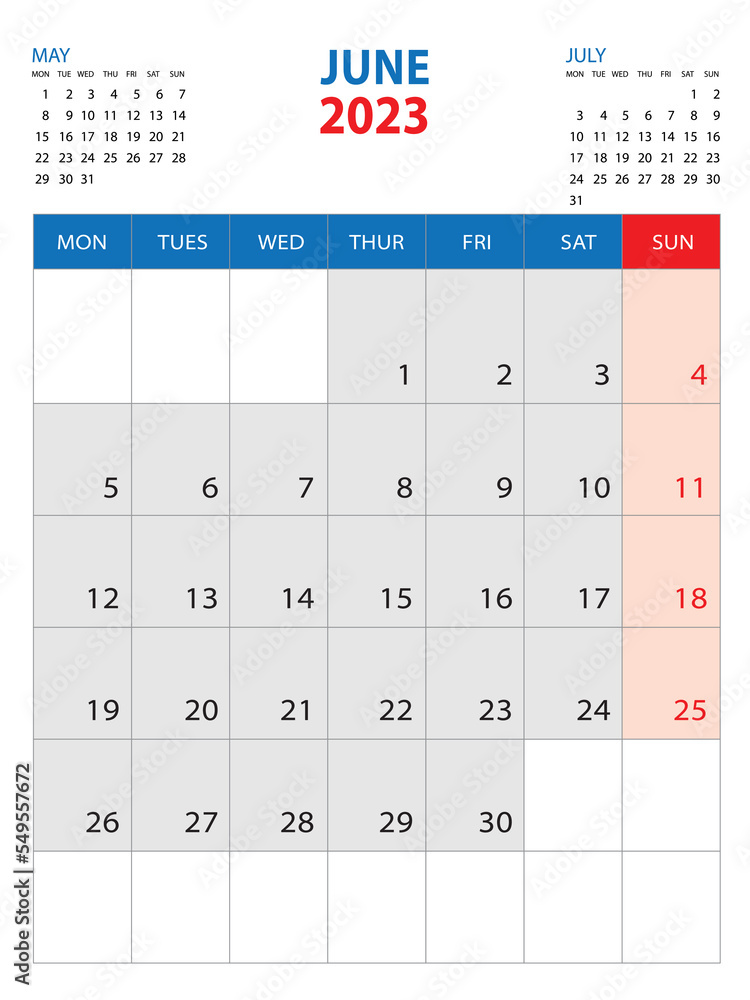 Calendar 2023 template - June 2023 year, week start on monday, Wall ...