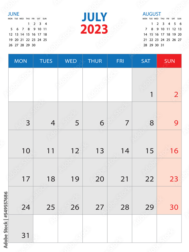 Calendar 2023 template - July 2023 year, week start on monday, Wall ...