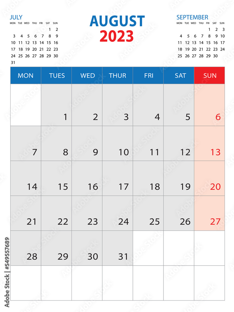 Calendar 2023 template - August 2023 year, week start on monday, Wall ...