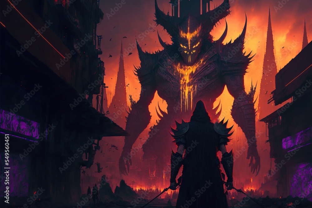 Human warrior versus huge evil demon shadow beast, with ancient city ...